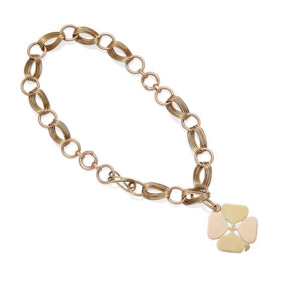 Bonhams : A BI-COLOR GOLD NECKALCE CONVERTIBLE INTO TWO BRACELETS