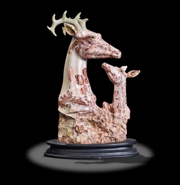 Bonhams : "Buck & Fawn" Spotted Jasper Deer by W.K. Ngai
