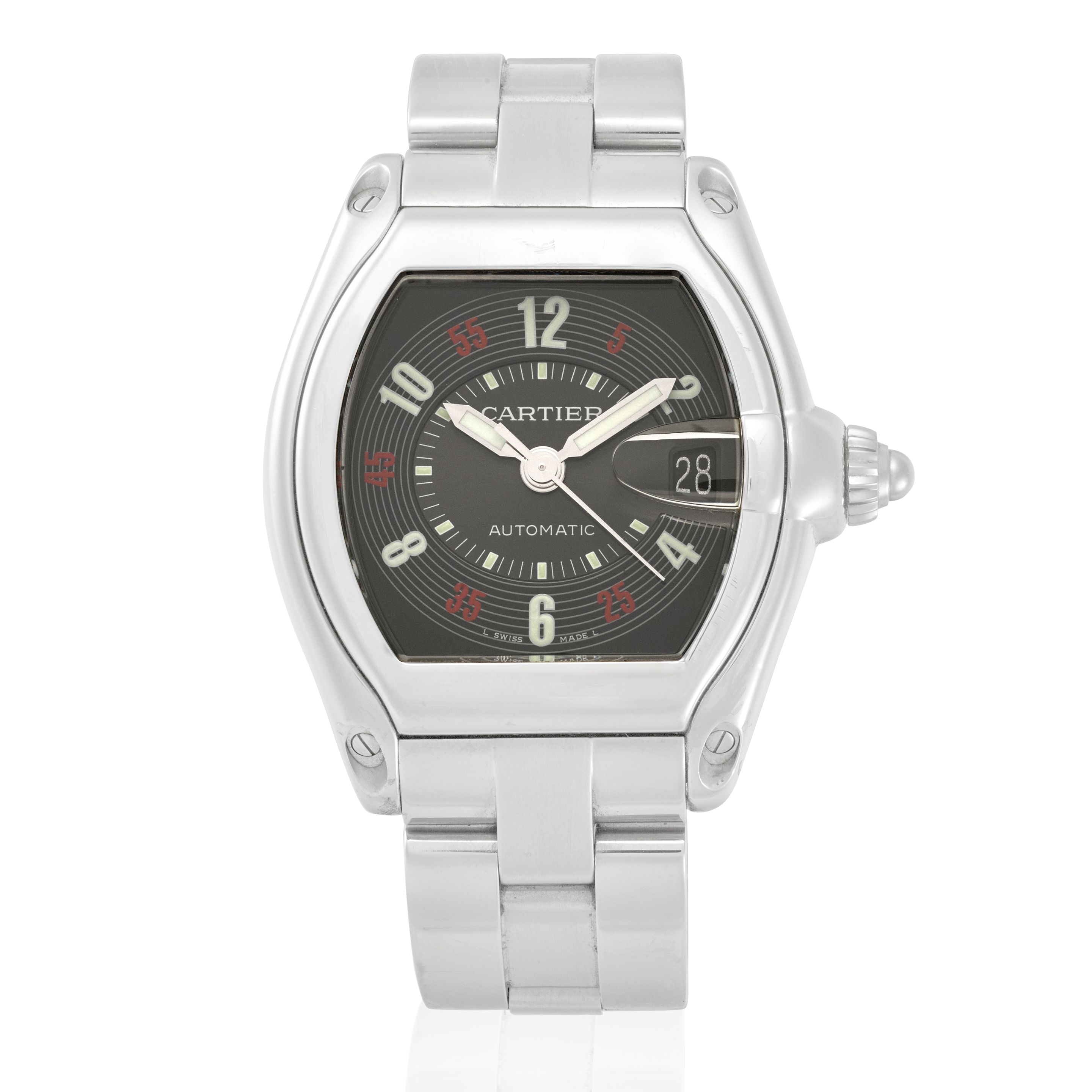 Bonhams : CARTIER. A STAINLESS STEEL AUTOMATIC CALENDAR BRACELET WATCH ...