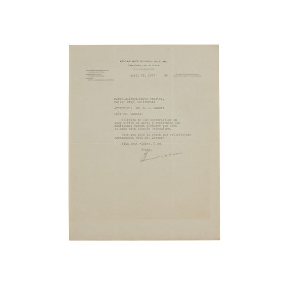 Bonhams : EDGAR RICE BURROUGHS SIGNED LETTER, 1937