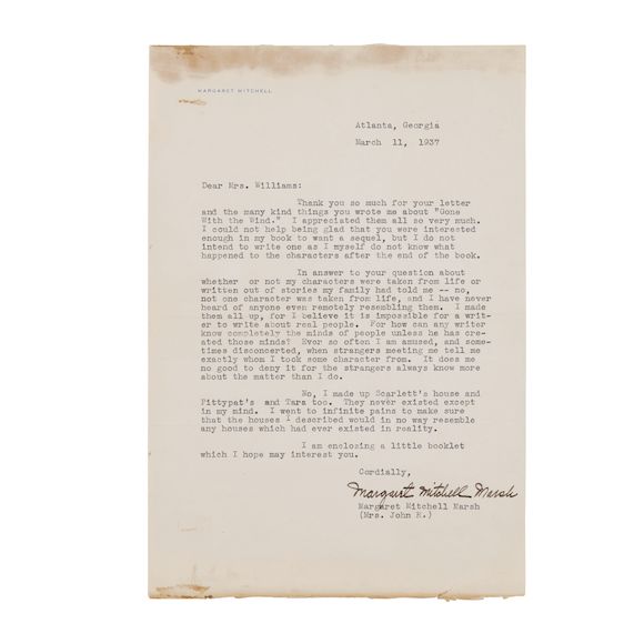 Bonhams : A MARGARET MITCHELL SIGNED LETTER PERTAINING TO GONE WITH THE ...