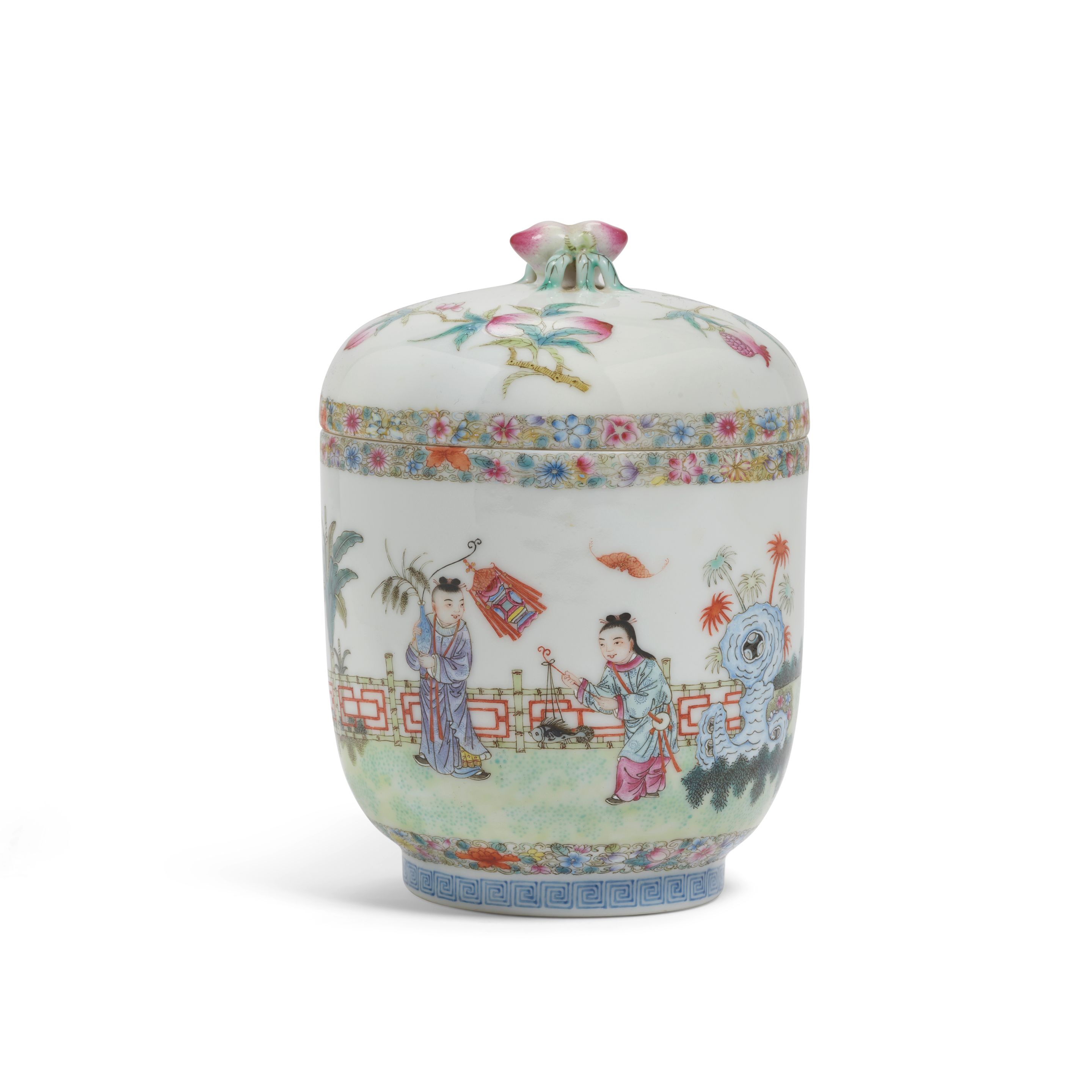 Bonhams : A FAMILLE-ROSE 'BOYS' CYLINDRICAL JAR AND COVER Lin Zhi Cheng ...