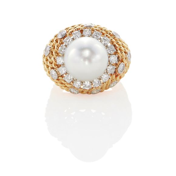 Bonhams : A BI-COLOR GOLD, CULTURED PEARL AND DIAMOND RING