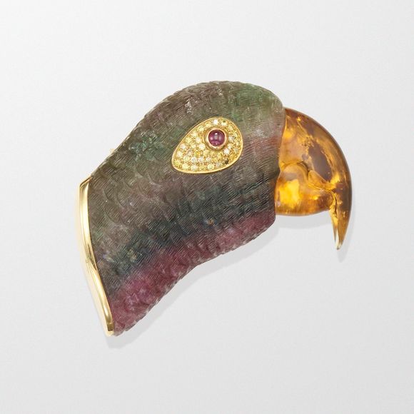 Bonhams : Maine Tourmaline and Gold Parrot-form Belt Buckle