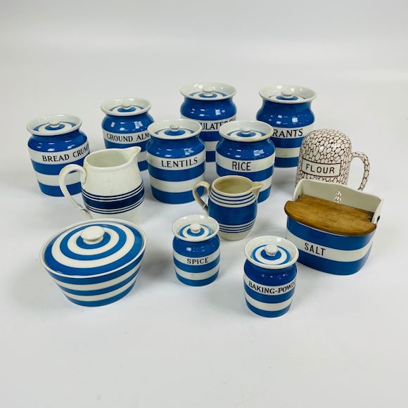 Bonhams Skinner : Group of Cornish Kitchenware Blue and White Striped ...