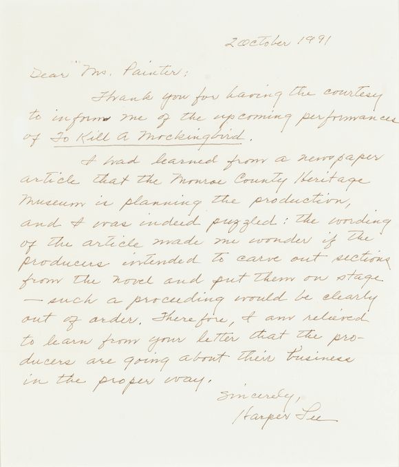 Bonhams : TWO HARPER LEE LETTERS ABOUT MOCKINGBIRD. LEE, HARPER. 1926 ...