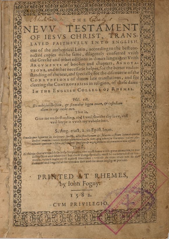 Bonhams : BIBLE IN ENGLISH: 1582 DOUAI-RHEIMS. The New Testament of ...