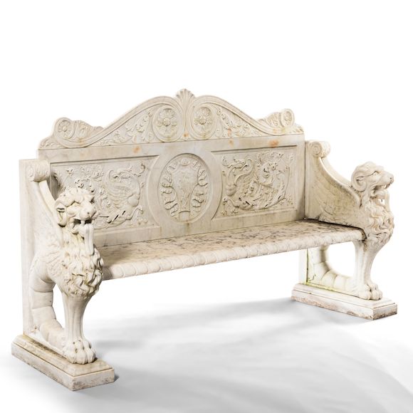 Bonhams Skinner : Carved Carrara Marble Bench with Winged Lions,