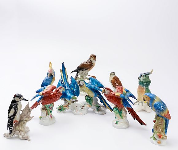Bonhams Skinner : Nine Dresden Porcelain Exotic Birds