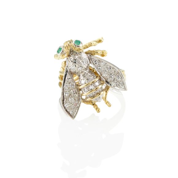 Bonhams : A BI-COLOR GOLD AND DIAMOND BEE RING