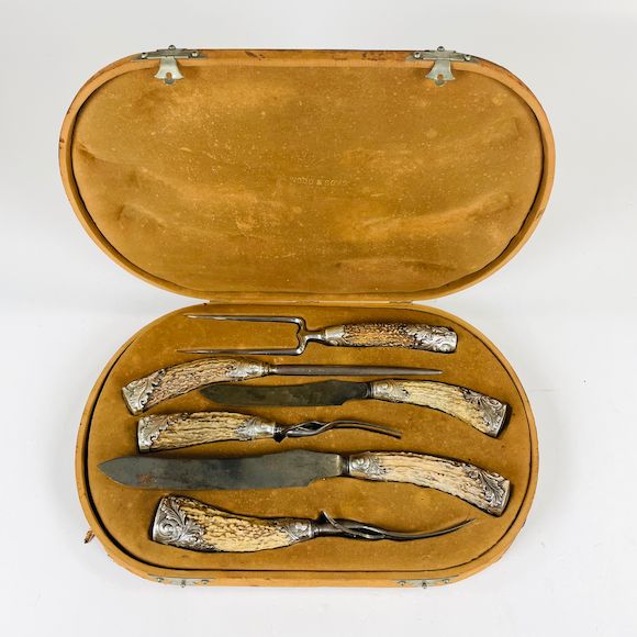 Bonhams Skinner : Cased Silvered Antler Meat Carving Set