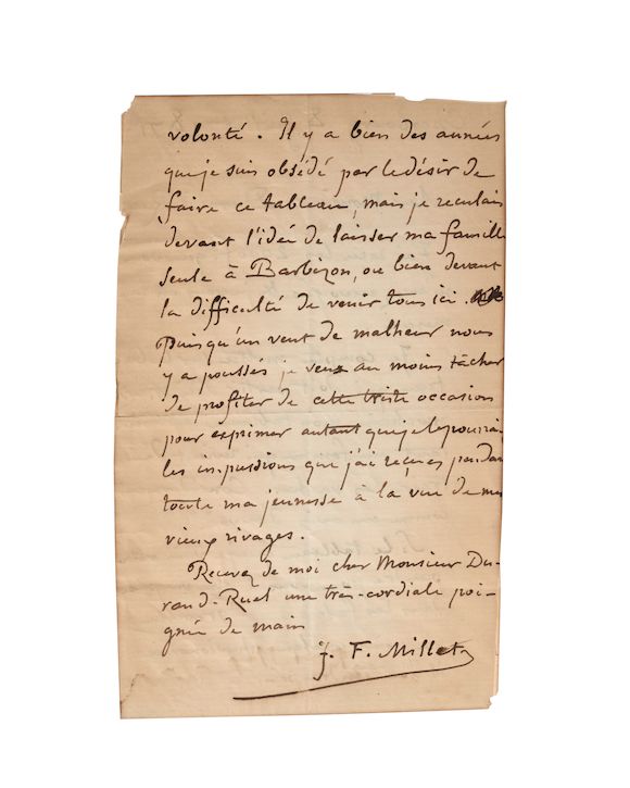 Bonhams : MILLET, JEAN-FRANCOIS. 1814-1875. Autograph Letter Signed ("J ...