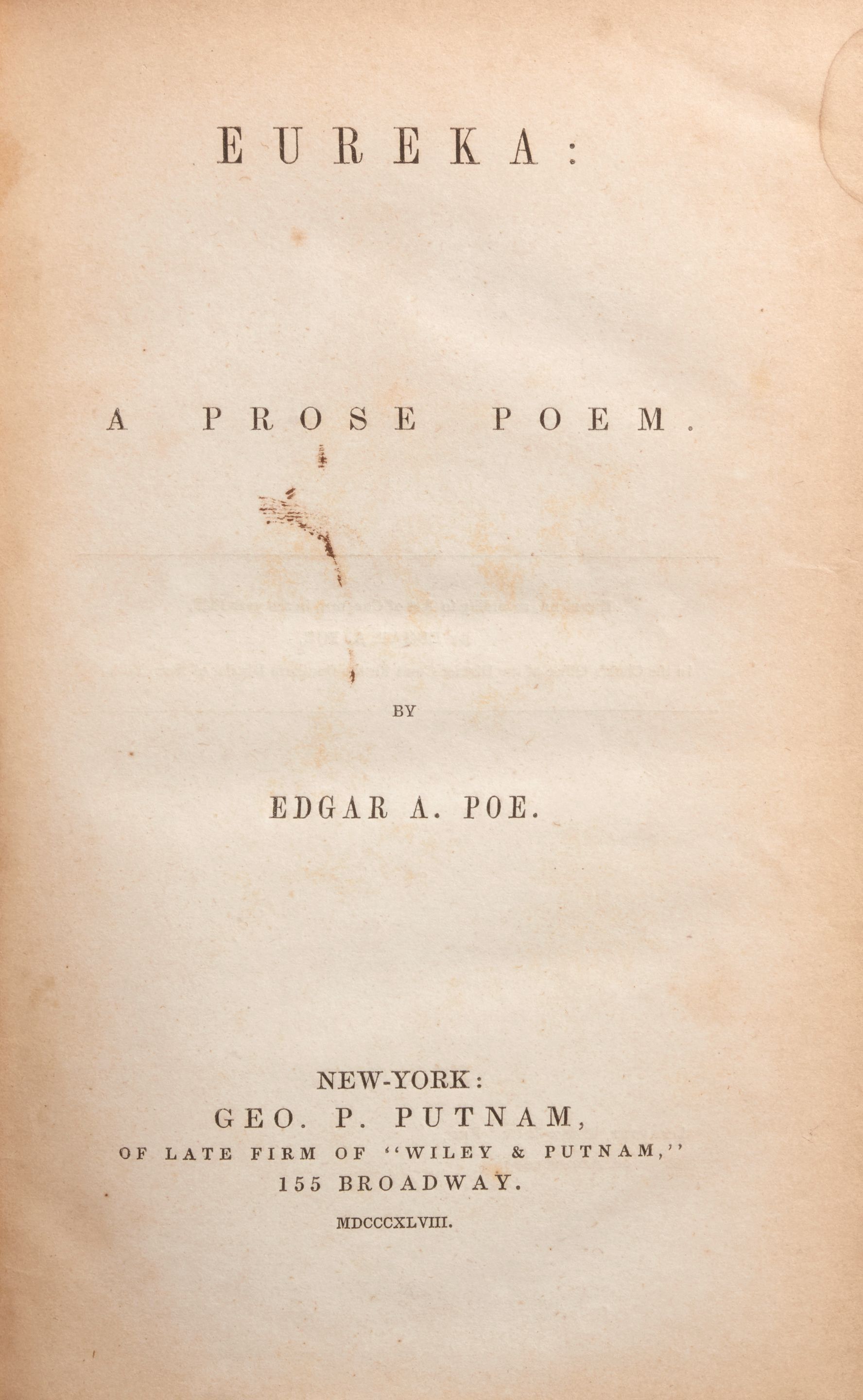 Bonhams : POE, EDGAR ALLAN. 1809-1849. Eureka A Prose Poem. New York ...
