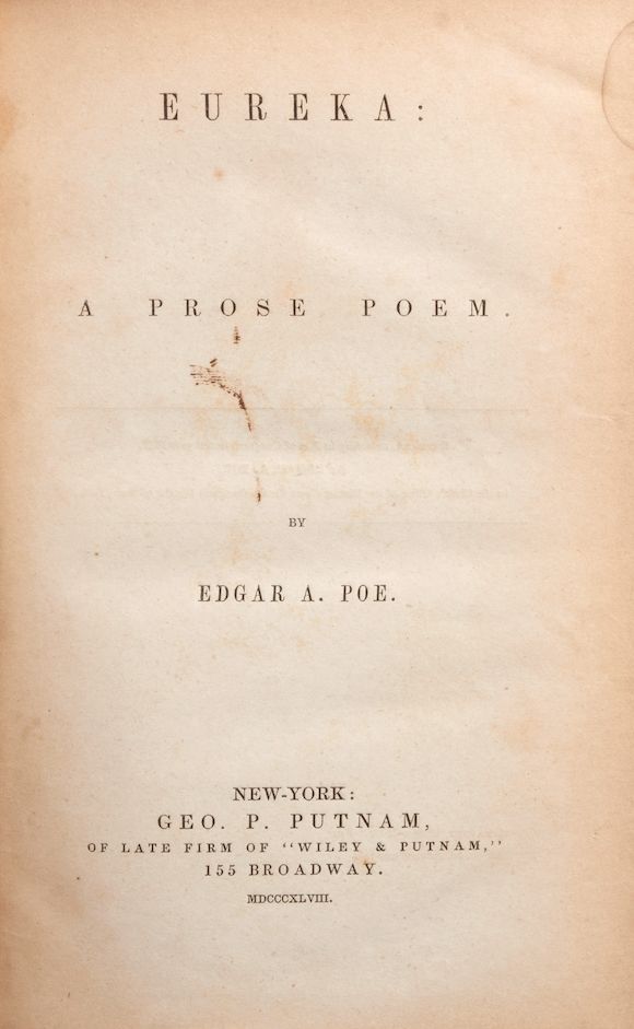 Bonhams : POE, EDGAR ALLAN. 1809-1849. Eureka A Prose Poem. New York ...