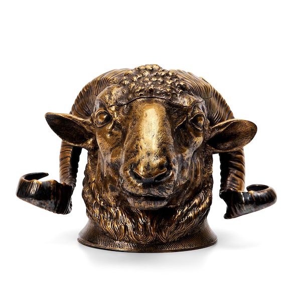 Bonhams Skinner : Victorian Gilt Bronze Ram's Head Inkwell,