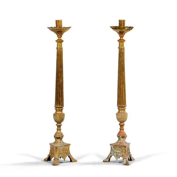 Bonhams Skinner : Pair of Brass Ecclesiastical Candlesticks,