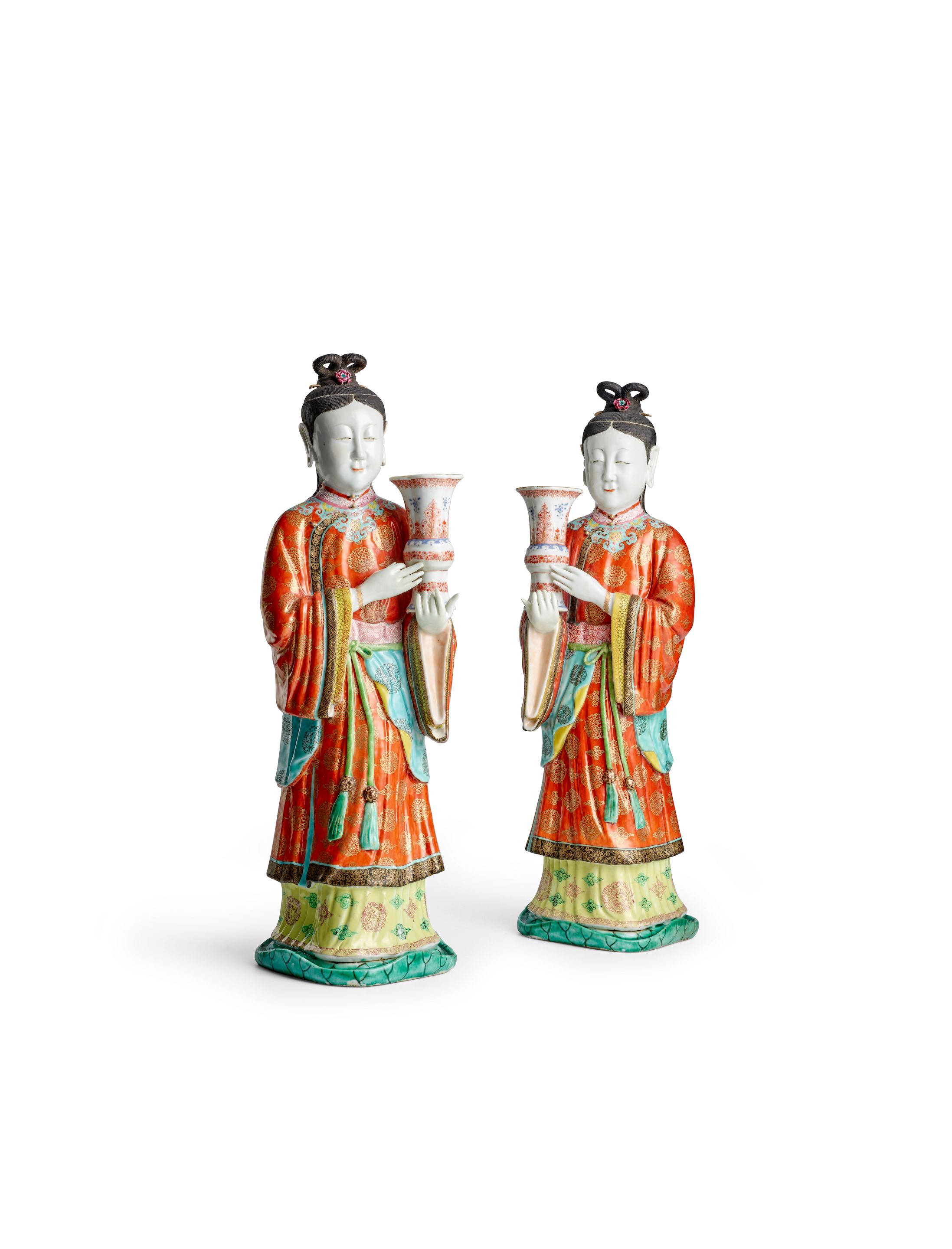 Bonhams : A PAIR OF FAMILLE ROSE 'STANDING LADY' CANDLE HOLDERS ...