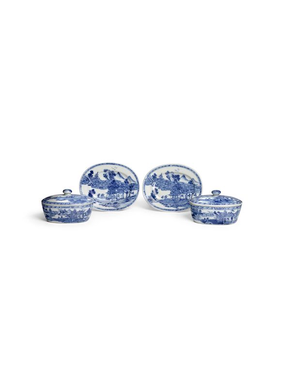 Bonhams : A PAIR OF BLUE AND WHITE OVAL BUTTER TUBS, COVERS AND STANDS ...