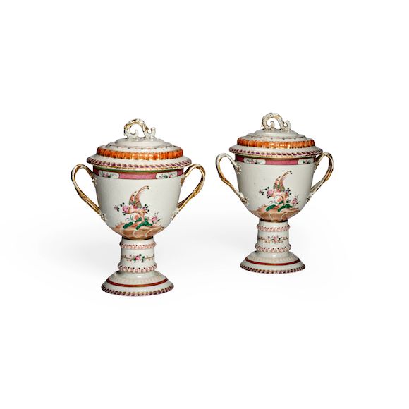 Bonhams : A PAIR OF LARGE STEMMED FAMILLE ROSE 'LOVING' CUPS AND COVERS ...