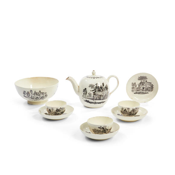 Bonhams Skinner Seventeen Creamware Black Transfer Printed Tea Wares