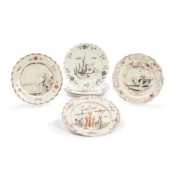 Bonhams Skinner : Six Hand Painted Creamware Plates, England, 18th century,