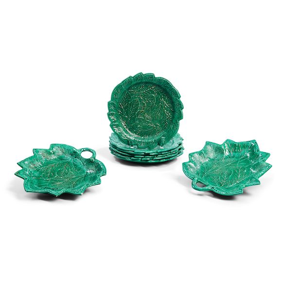 Bonhams Skinner : Eight Brameld Green Glazed Leaf Plates/Dishes ...