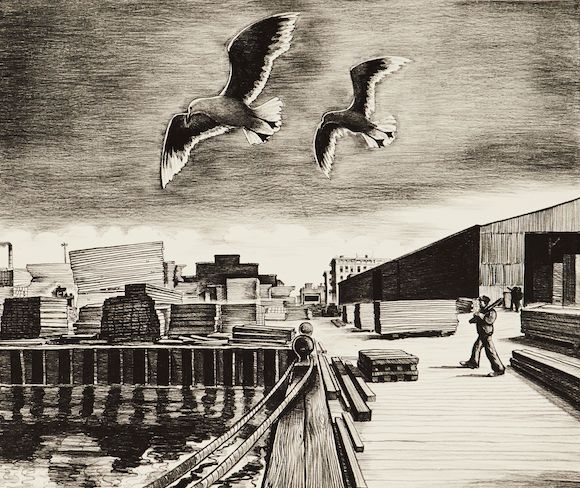 Bonhams Skinner : William Sharp (American, 1900-1961); Gulls and Pier;