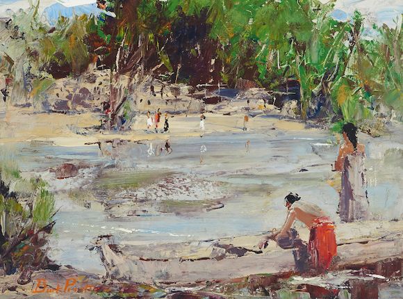 Bonhams : Burt Procter (1901-1980) Figures at a Tropical Island Lagoon ...