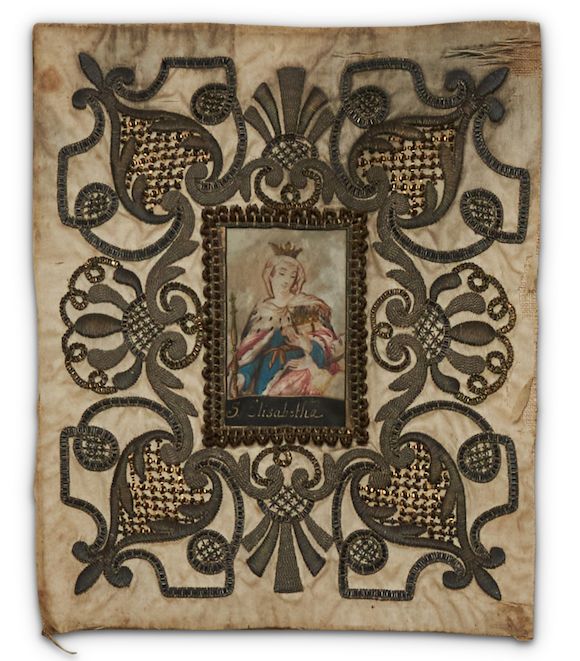 Bonhams Skinner : Elizabethan Needlework Panel England 7 in. x 9 in.