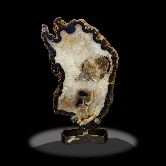 Bonhams : Very Large Agatized Quartz Half-Geode with Metal Stand