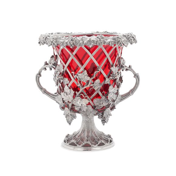 Bonhams : A VICTORIAN SILVER-PLATED RED GLASS LINED TWO-HANDLED URN ...