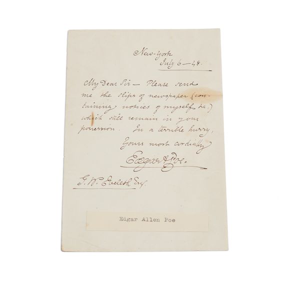 Bonhams Skinner : Poe, Edgar Allan (1809-1849), Autograph Letter Signed