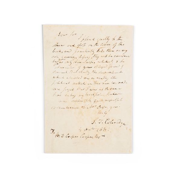 Bonhams Skinner : Coleridge, Samuel Taylor (1772-1834), Autograph ...