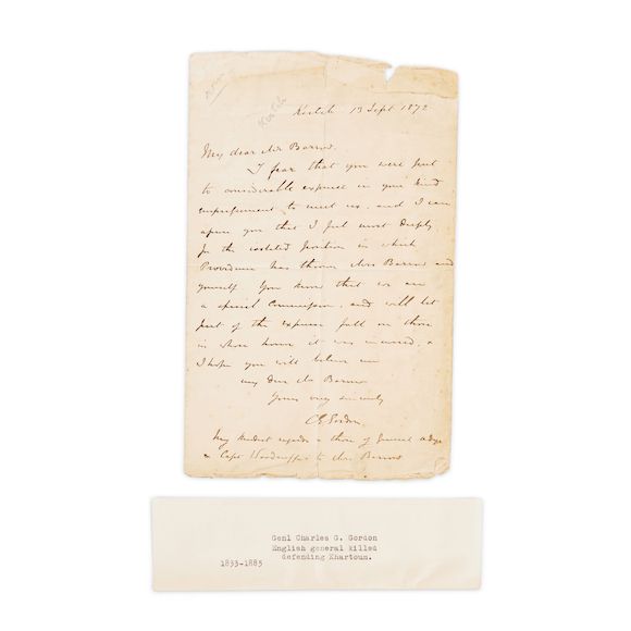 Bonhams Skinner : Gordon, Charles G. (1833-1885), Autograph Letter Signed