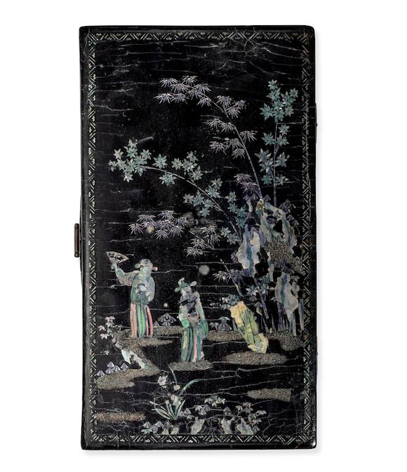 Bonhams : A MOTHER-OF-PEARL INLAID BLACK LACQUER RECTANGULAR BOX 17th ...