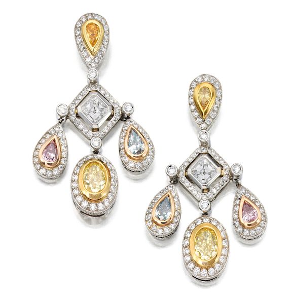 Bonhams : MICHAEL BEAUDRY: A PAIR OF COLORED DIAMOND CHANDELIER EARRINGS
