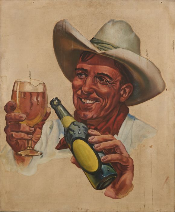 Bonhams Skinner : Advertising Painting of a Cowboy Drinking Beer