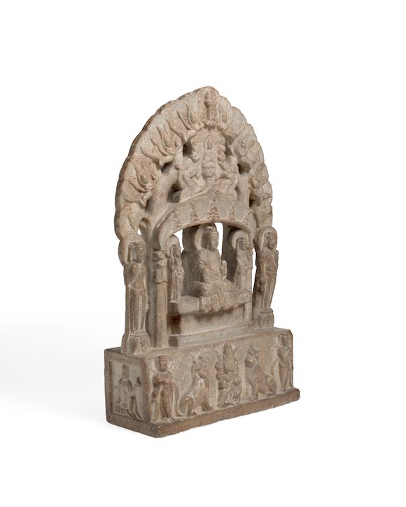 Bonhams : A GRAY LIMESTONE STELE OF BUDDHA SHAKYAMUNI AND ATTENDANT ...