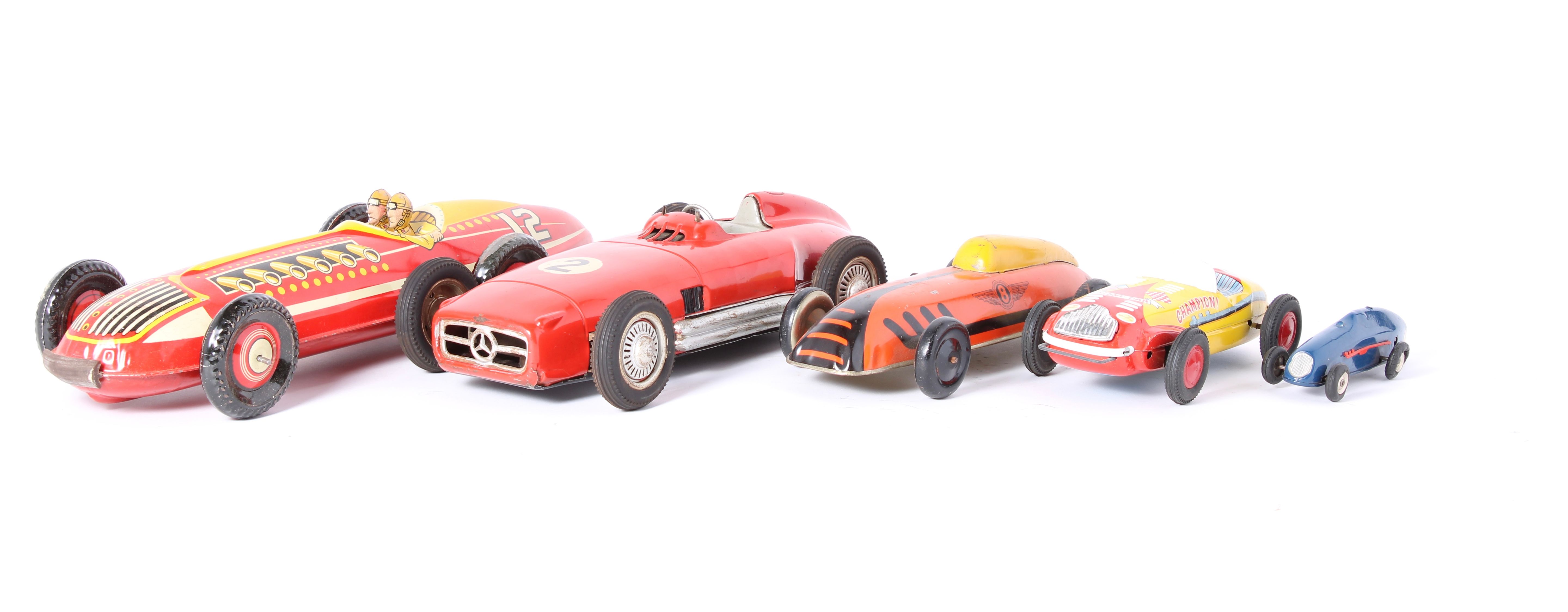 Bonhams Cars : Five tinplate racing car toys, (5)