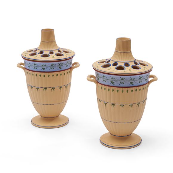 Bonhams Skinner : Pair of Wedgwood Cane Jasper Bough Pots and Covers ...