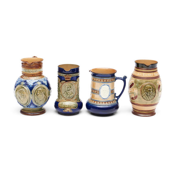 Bonhams Skinner Four Doulton Glazed Stoneware Commemorative Jugs