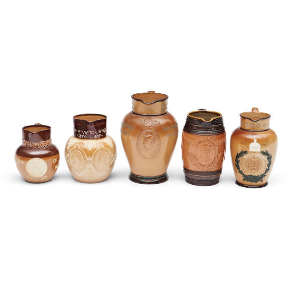 Bonhams Skinner Five Doulton Stoneware Commemorative Jugs England
