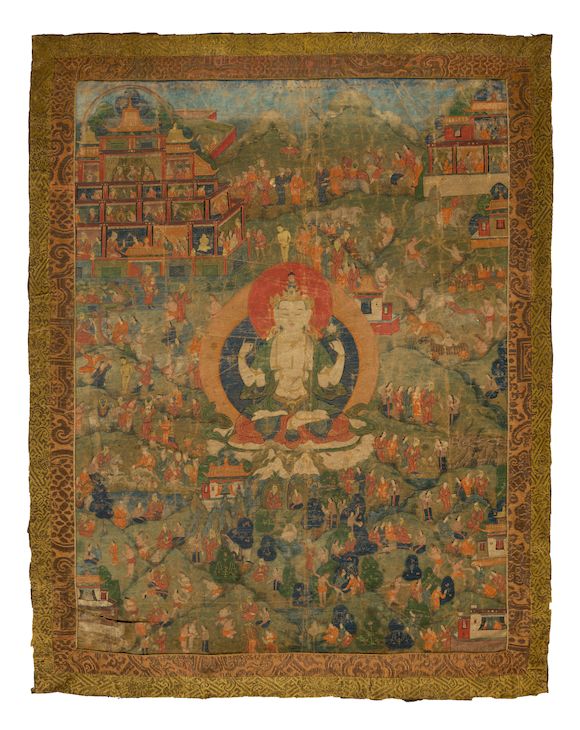 Bonhams : A THANGKA WITH SHADAKSHARI LOKESHVARA SURROUNDED BY SCENES ...
