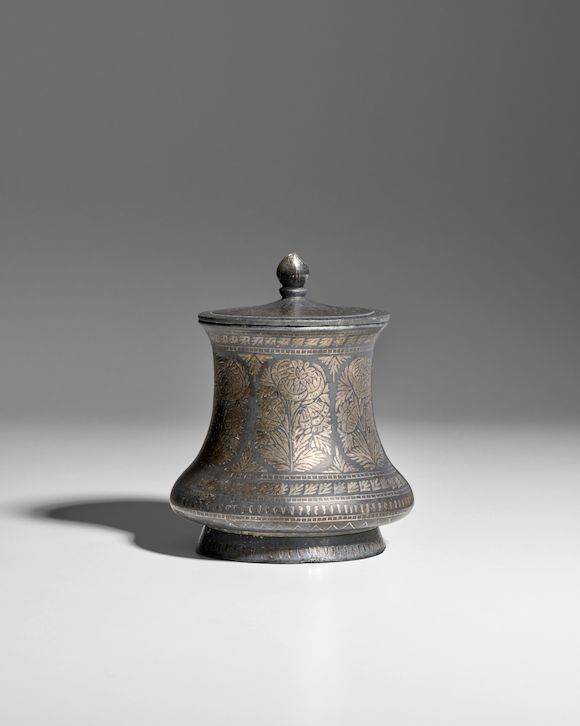 Bonhams : A BRASS AND SILVER INLAID BIDRI COVERED POT DECCAN, 18TH/19TH ...