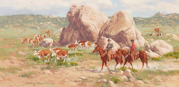 Bonhams : Russell Houston (born 1954) Cowboy Conversation 15 x 30 in ...