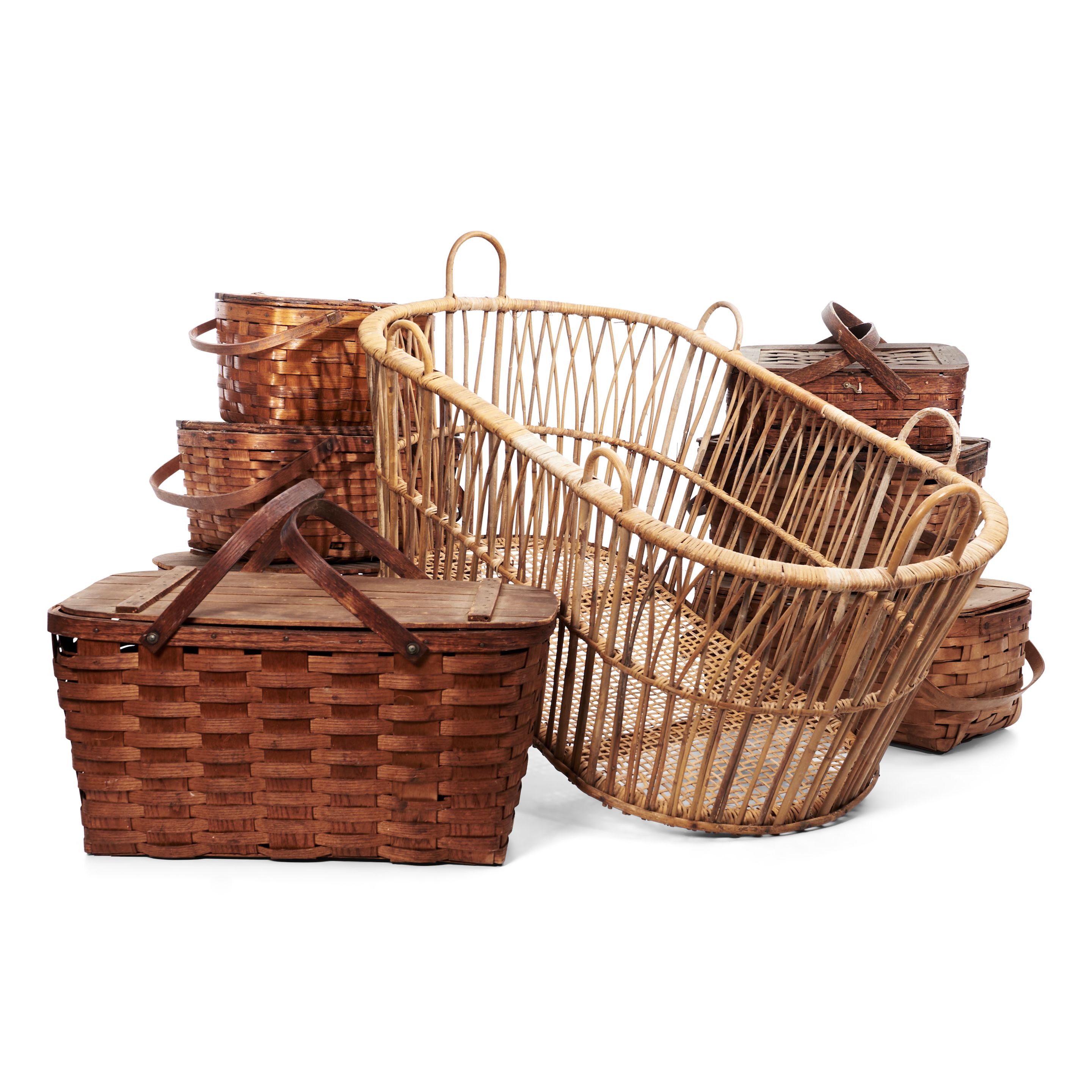 Bonhams Skinner : Group of Woven Splint Baskets and a Large Rattan Basket