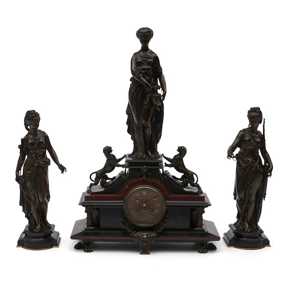 Bonhams Skinner : Japy Freres Bronze, Marble and Onyx Clock Garniture ...