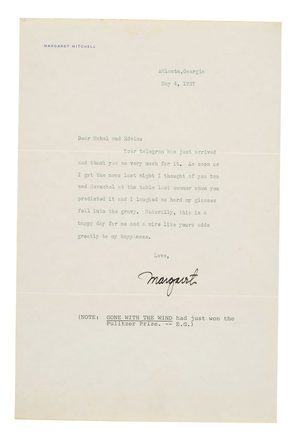 Bonhams : ON WINNING THE PULITZER PRIZE. MITCHELL, MARGARET. 1900-1949 ...