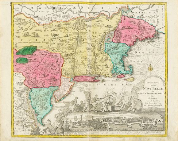 Bonhams : EARLY MAP OF NEW ENGLAND SHOWING NEW YORK CITY. SEUTTER ...