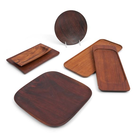 Bonhams Skinner : Six Mid-century Modern Wood Trays two teak trays ...